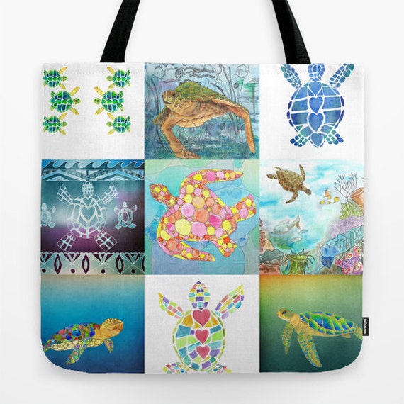 Sea Turtle Collage Tote Bag tic Tac Turtle Blue | Etsy