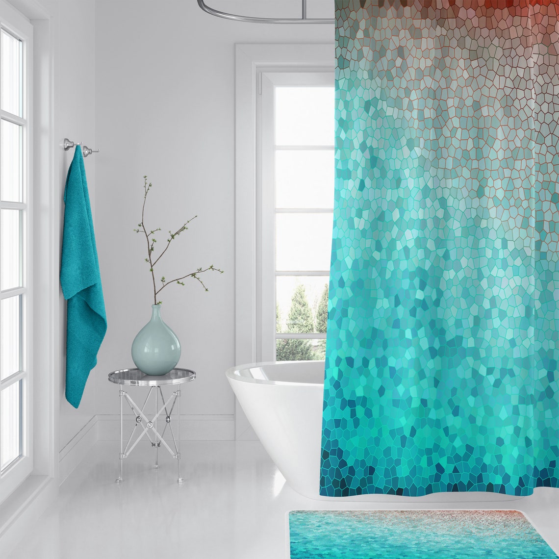 Mint and Peach Mosaic Shower Curtain - "martha" Curtain Teal, Coastal ...
