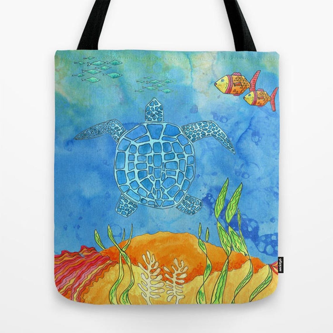 Sea Turtle Tote Bag Ocean Colorful Blue and Orange Surfer | Etsy