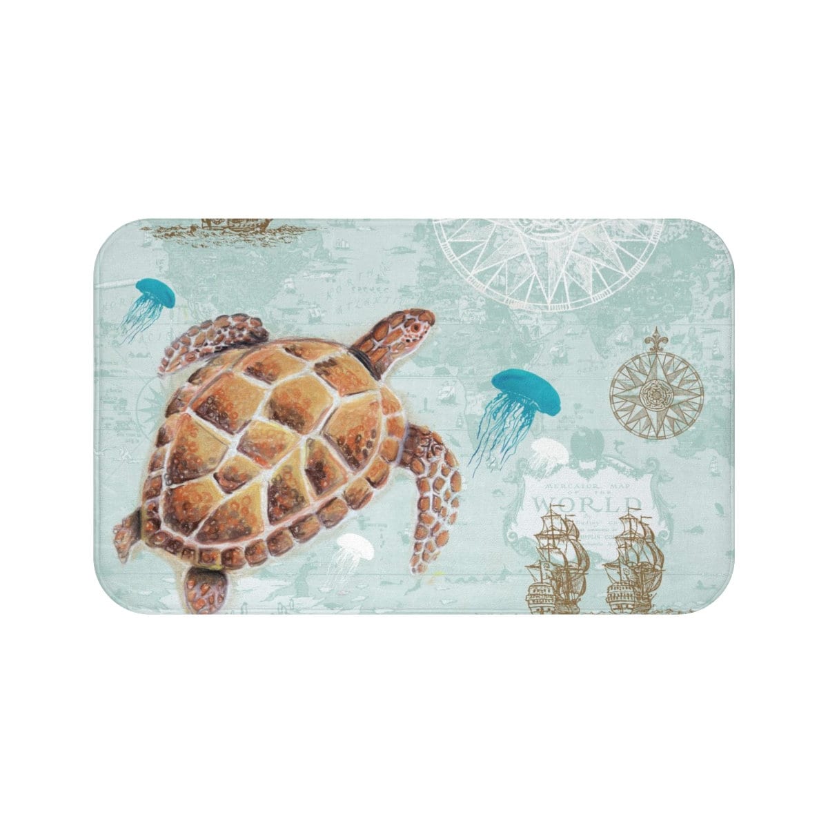 Sea Turtle on Blue Map Bath Mat coastal cottage | Etsy