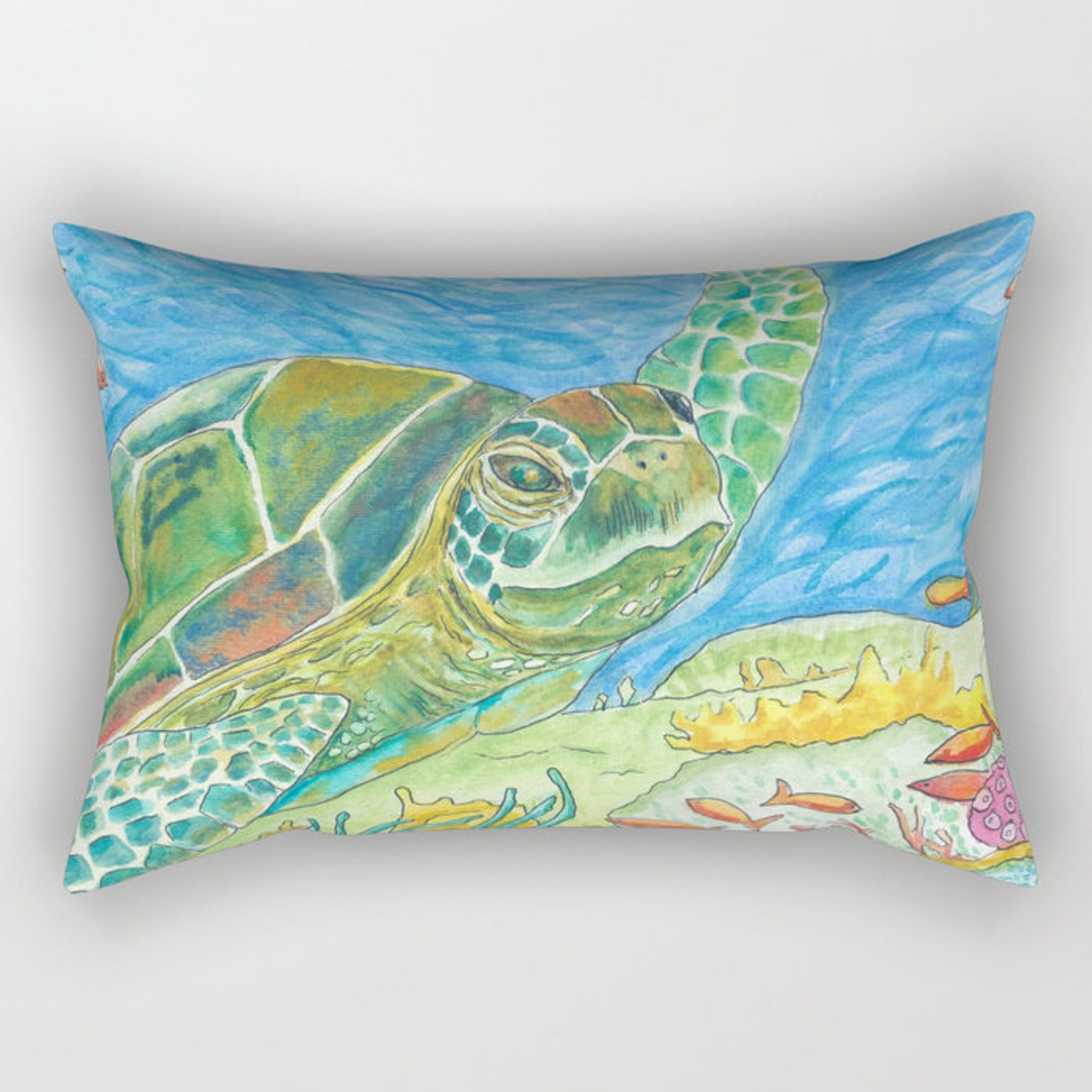 Sea Turtle Throw Pillow Cute Surfer Style Blue Ocean Coral | Etsy