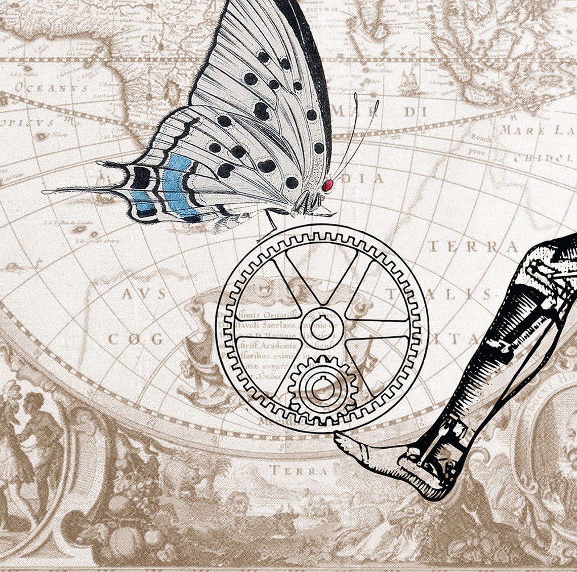 Steampunk Bath Mat Map With Gears and Retro Illustrations | Etsy