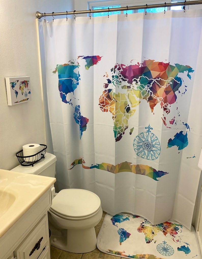 Geometric World Map With Compass Rose Fabric Shower Curtains - Etsy