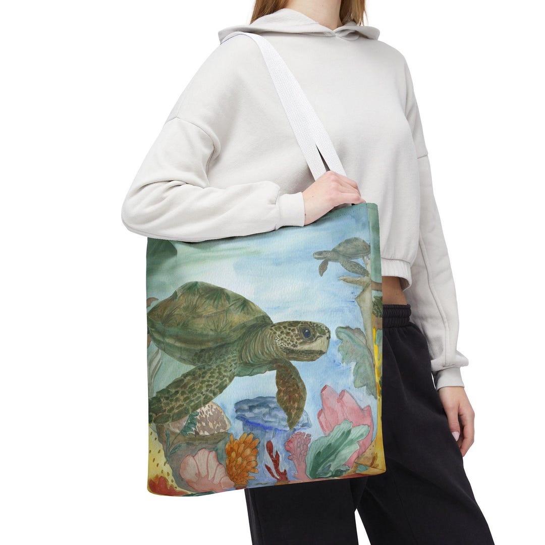 Sea Turtle Tote Bag - Watercolor Reef Design, Beachy Style, Casual ...