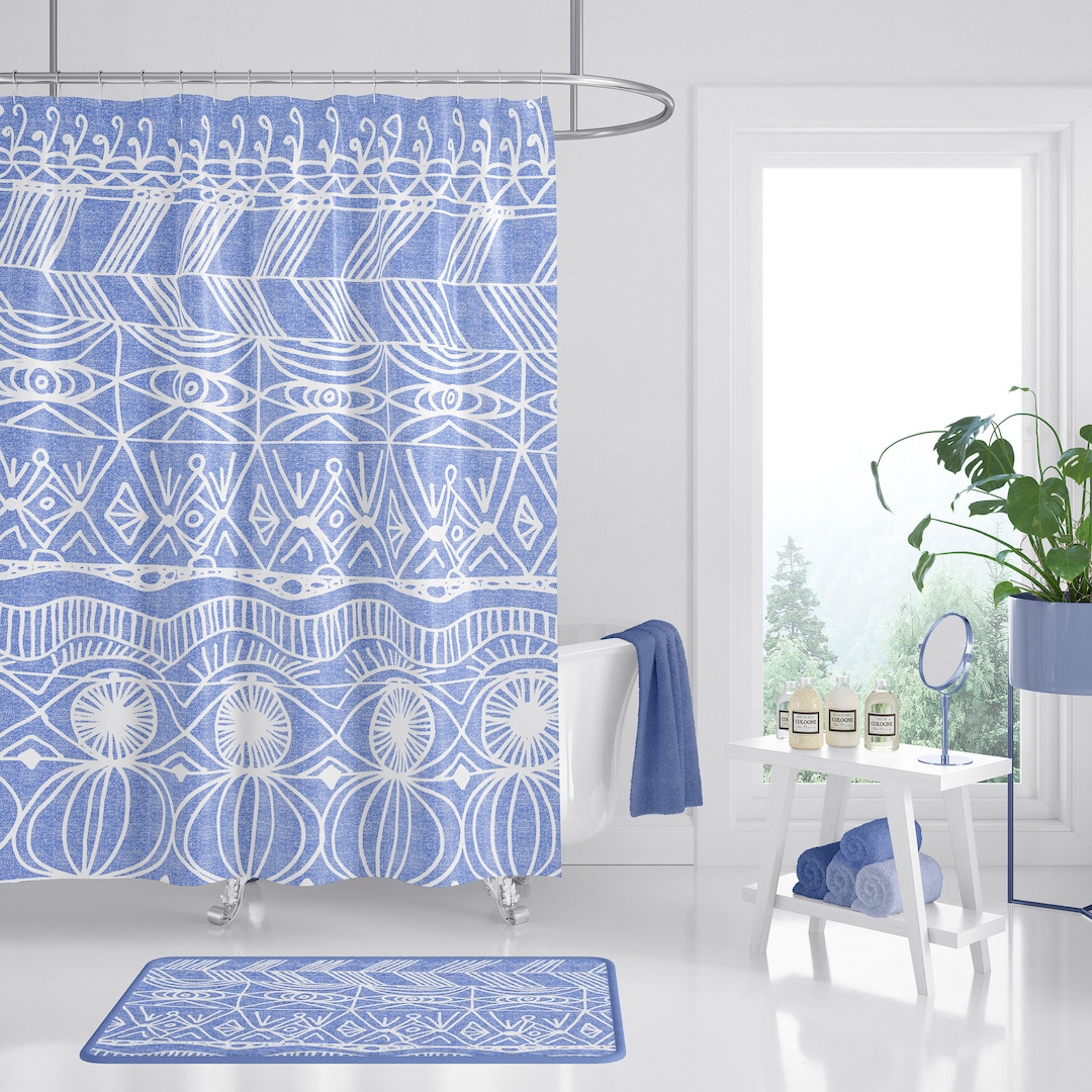 Periwinkle Shower Curtain - Hand Drawn Pattern, Blue and White Violet ...