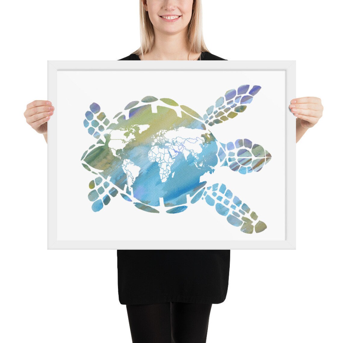 Sea Turtle World Map Framed Art Print mother - Etsy