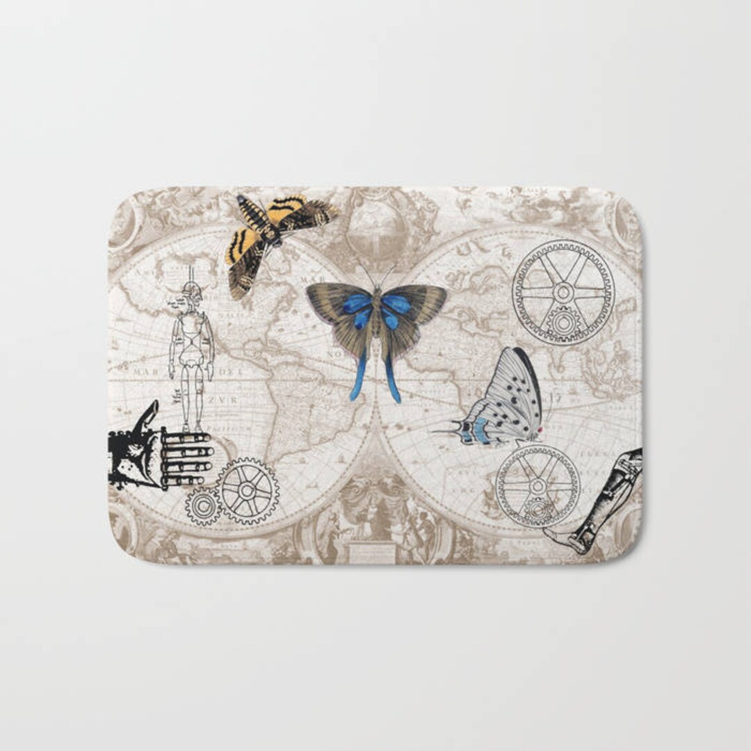 Steampunk Bath Mat - Map With Gears and Retro Illustrations - Tan ...