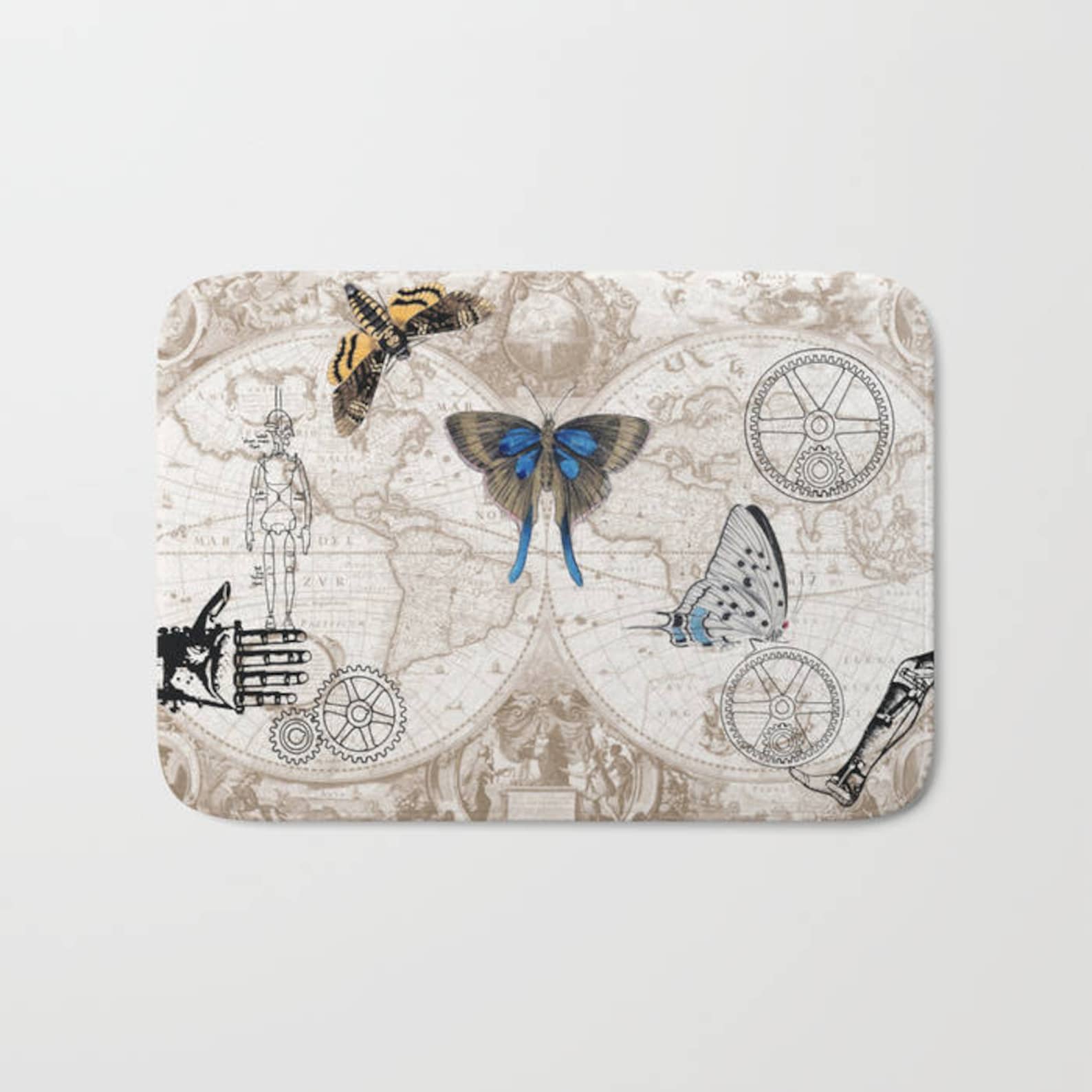 Steampunk Bath Mat Map With Gears and Retro Illustrations | Etsy