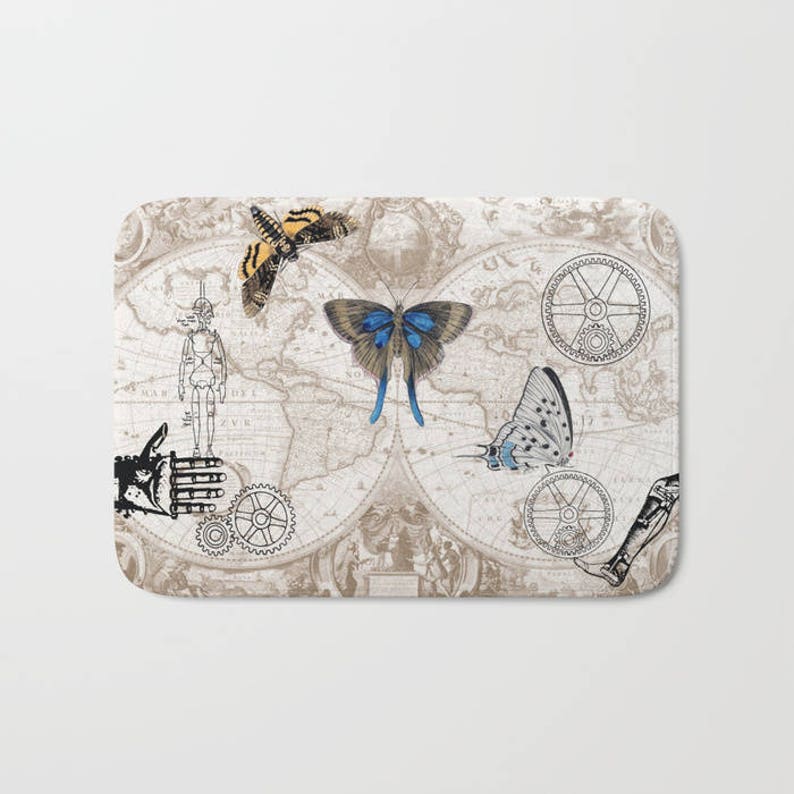 Steampunk Bath Mat Map With Gears and Retro Illustrations | Etsy