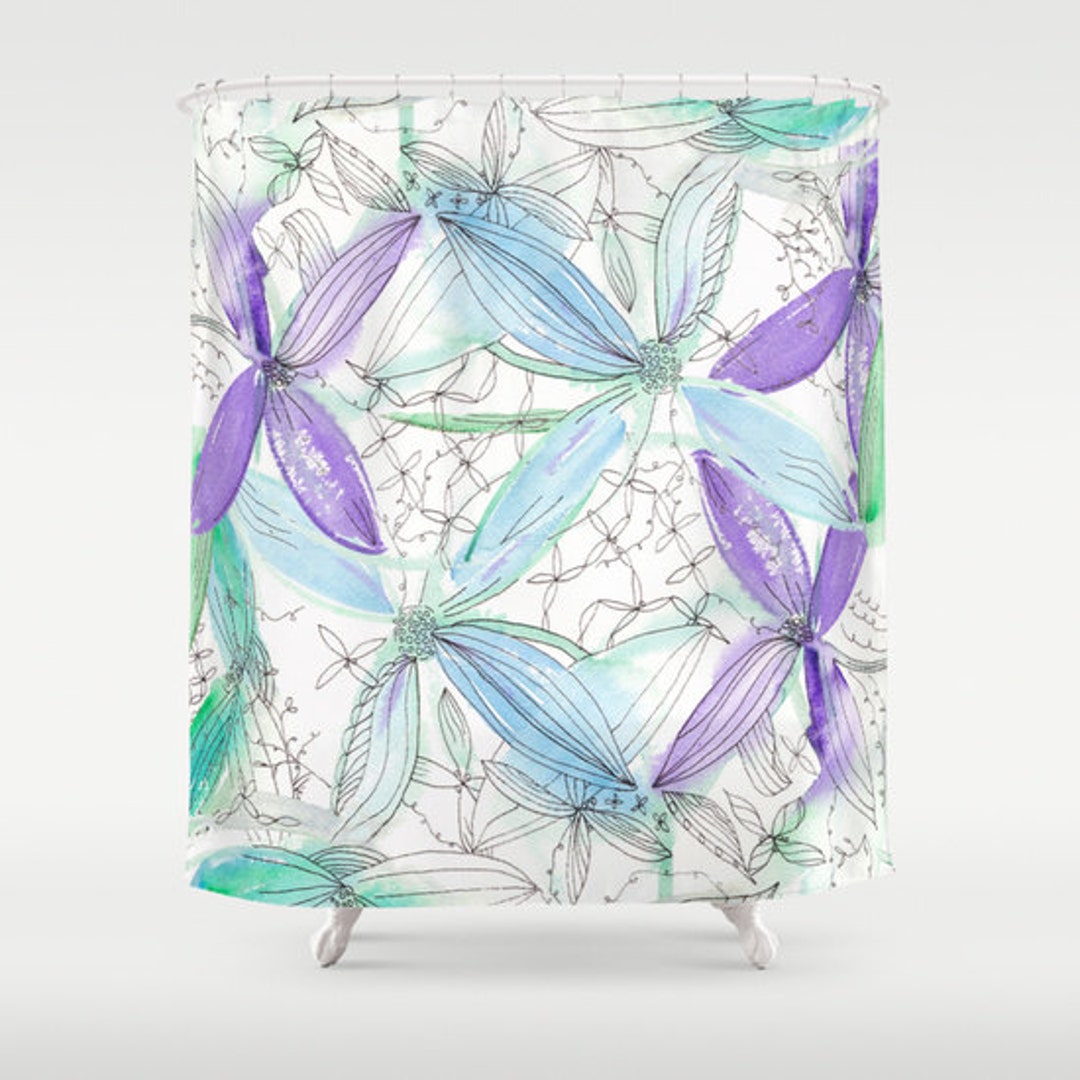 Spring Floral Shower Curtain - Watercolor Purple and Teal Flowers ...