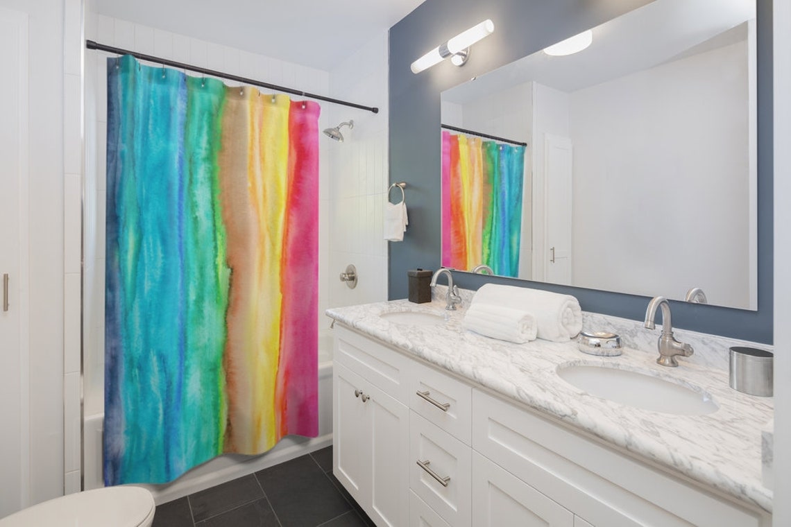 Rainbow Watercolor Shower Curtain - Colorful, Bright Vibrant Bathroom ...