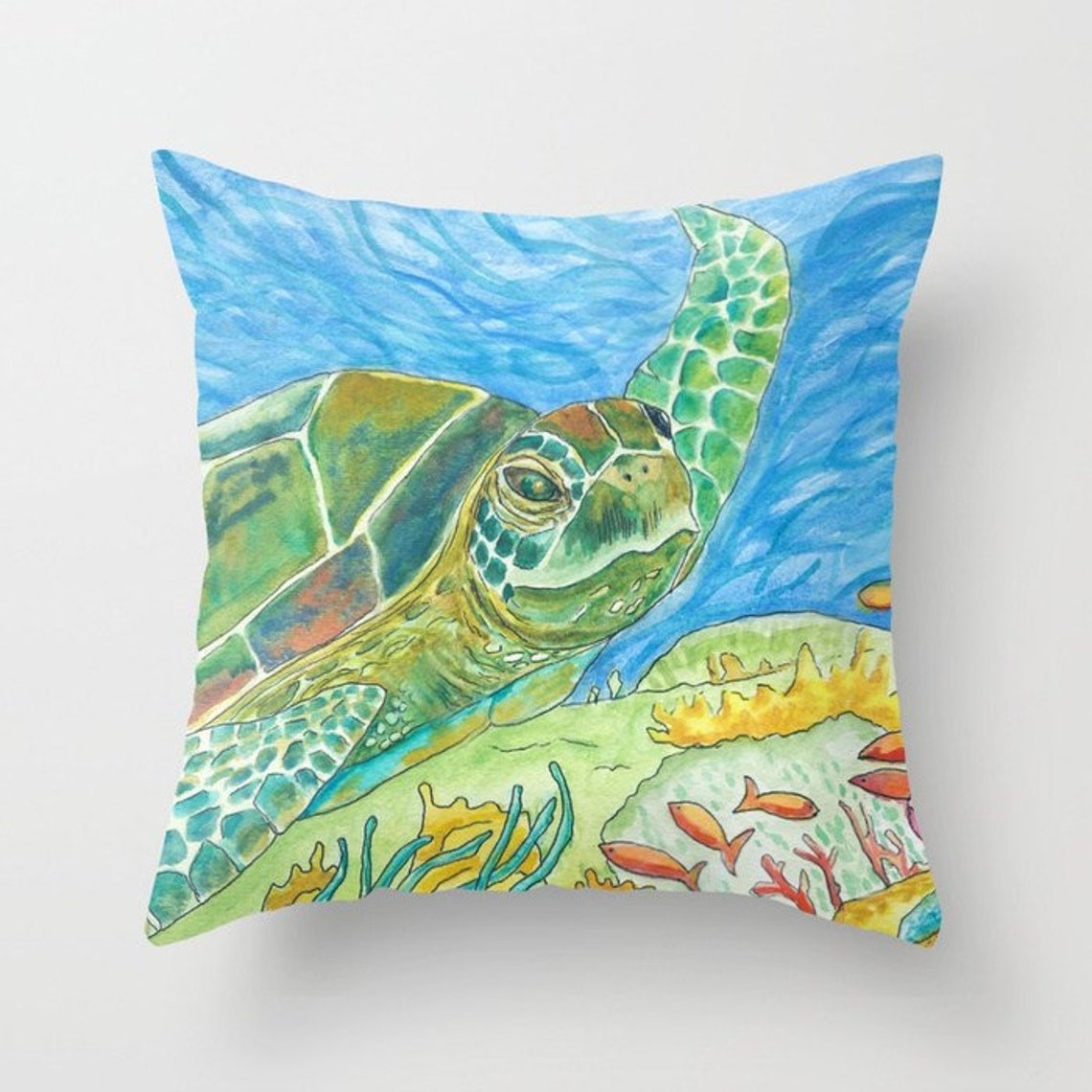 Sea Turtle Throw Pillow Cute Surfer Style Blue Ocean Coral - Etsy