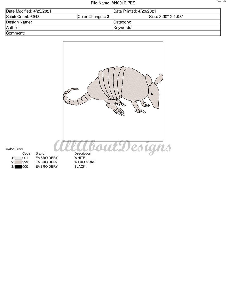 5 Band Armadillo - Armored Possum Machine Embroidery Design - Multiple ...