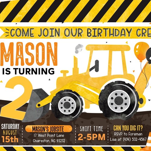 Construction Birthday Invitation Backhoe Construction Invite - Etsy