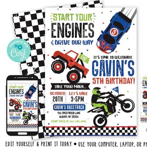 Racing Birthday Invitation Monster Truck Birthday Invite Motorcycle ...