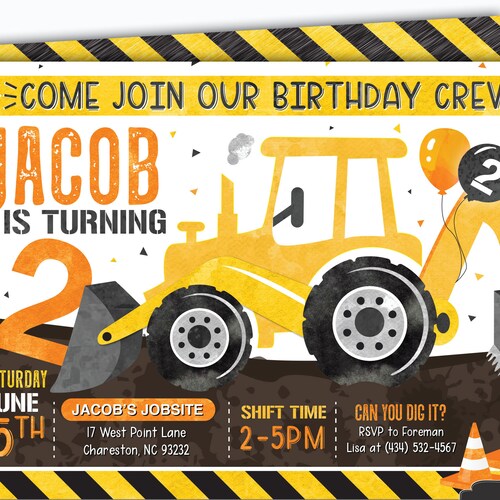 Construction Birthday Invitation Backhoe Construction Invite - Etsy