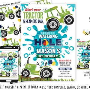 Tractor Pool Birthday Invitation, Pool Tractor Birthday Invite, Summer ...