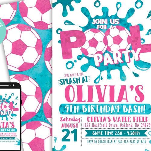 Editable Girl Soccer Pool Party Invitation Sports Summer Pink - Etsy