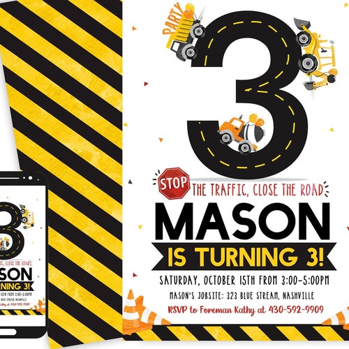 Construction Birthday Invitation Backhoe Construction Invite - Etsy