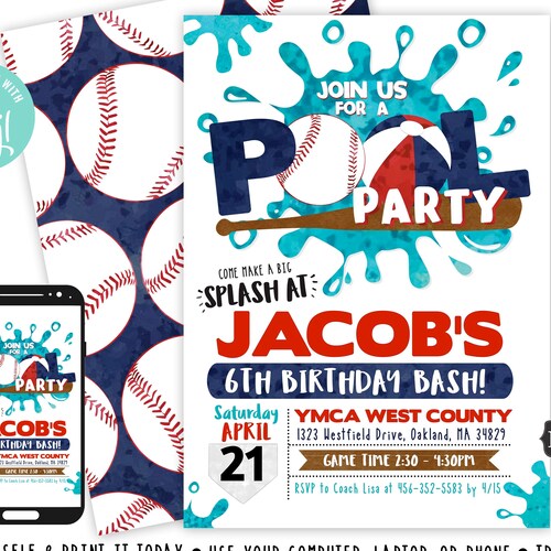 Editable Baseball Pool Birthday Party Invitation Instant - Etsy