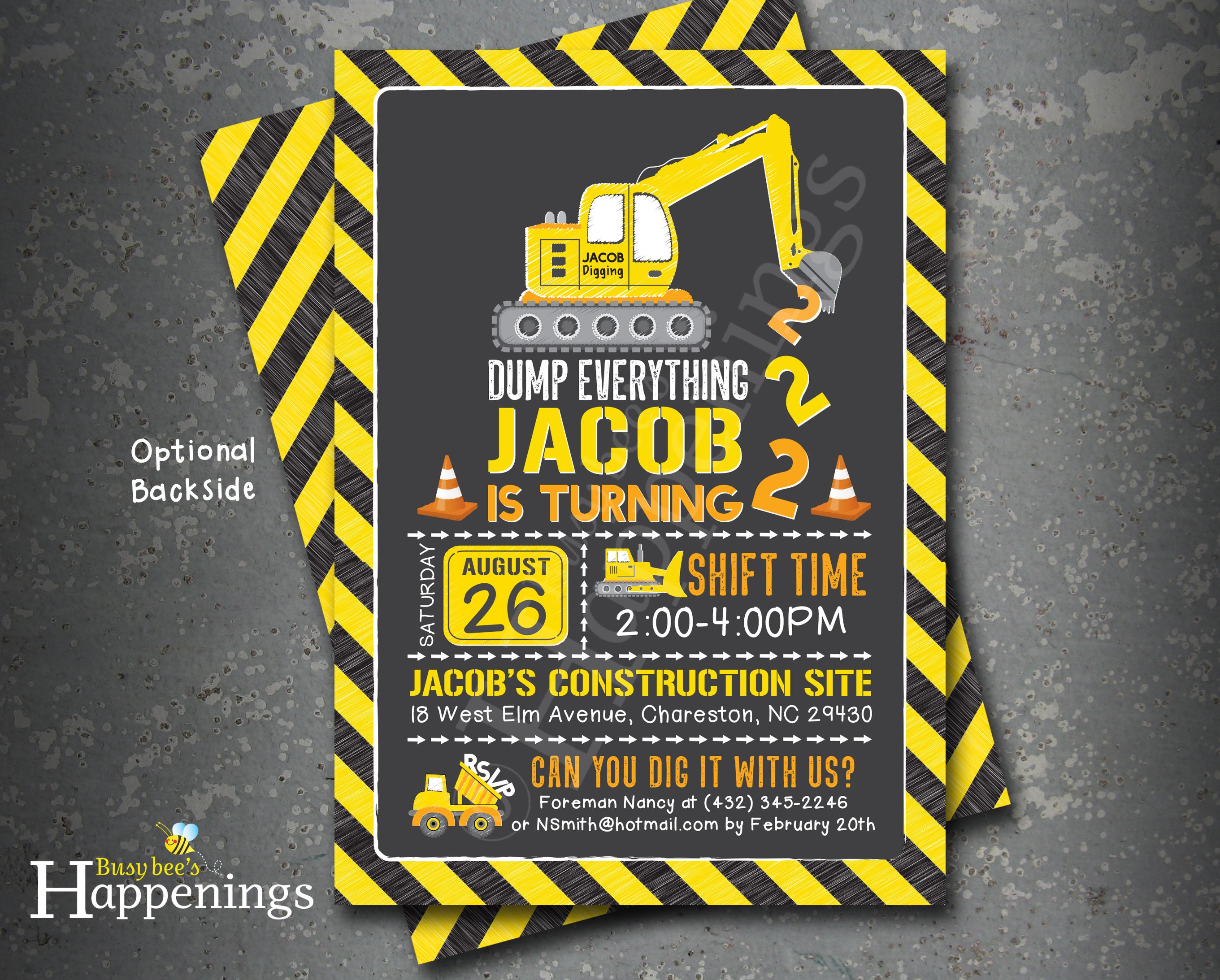 Excavator Birthday Invitation Bull Dozer Invitation | Etsy