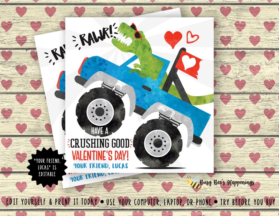 Dinosaur Monster Truck Valentine Card Monster Truck Valentine's Card ...