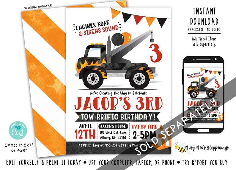 Tow Truck Birthday Invitation: Printable Boys Party (5x7 or 4x6 ...