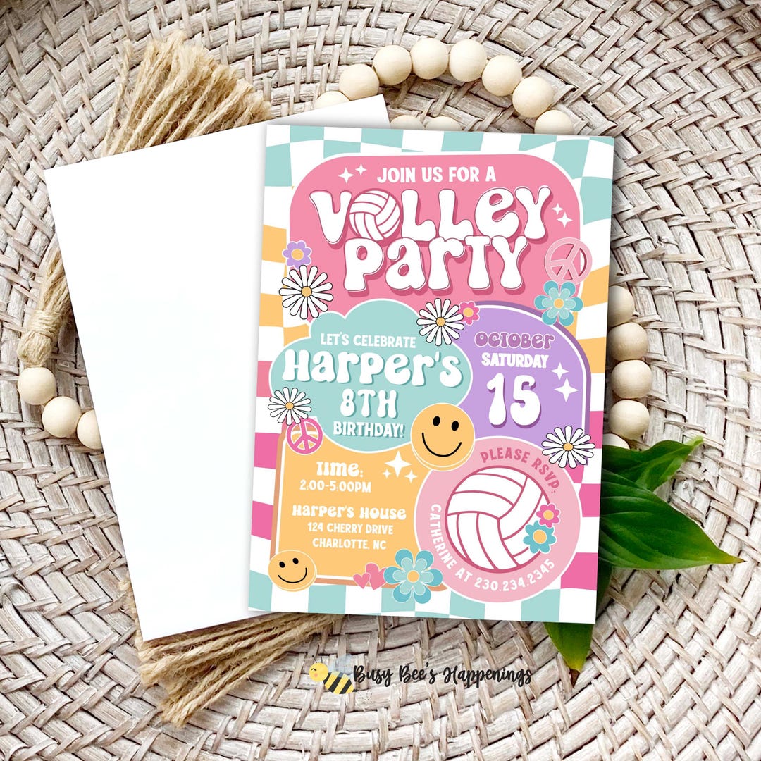 Volleyball Birthday Invitation: Editable Checkered Smile Face Tween ...