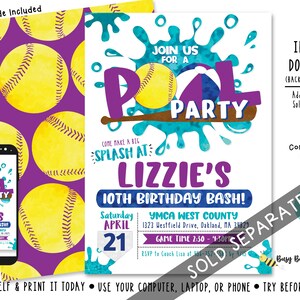 Softball Birthday Invitation Softball Invitation Softball Pool Party ...