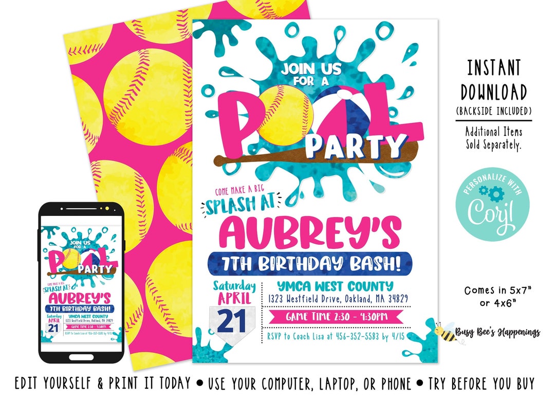 Softball Birthday Invitation Softball Invitation Softball Pool Party ...