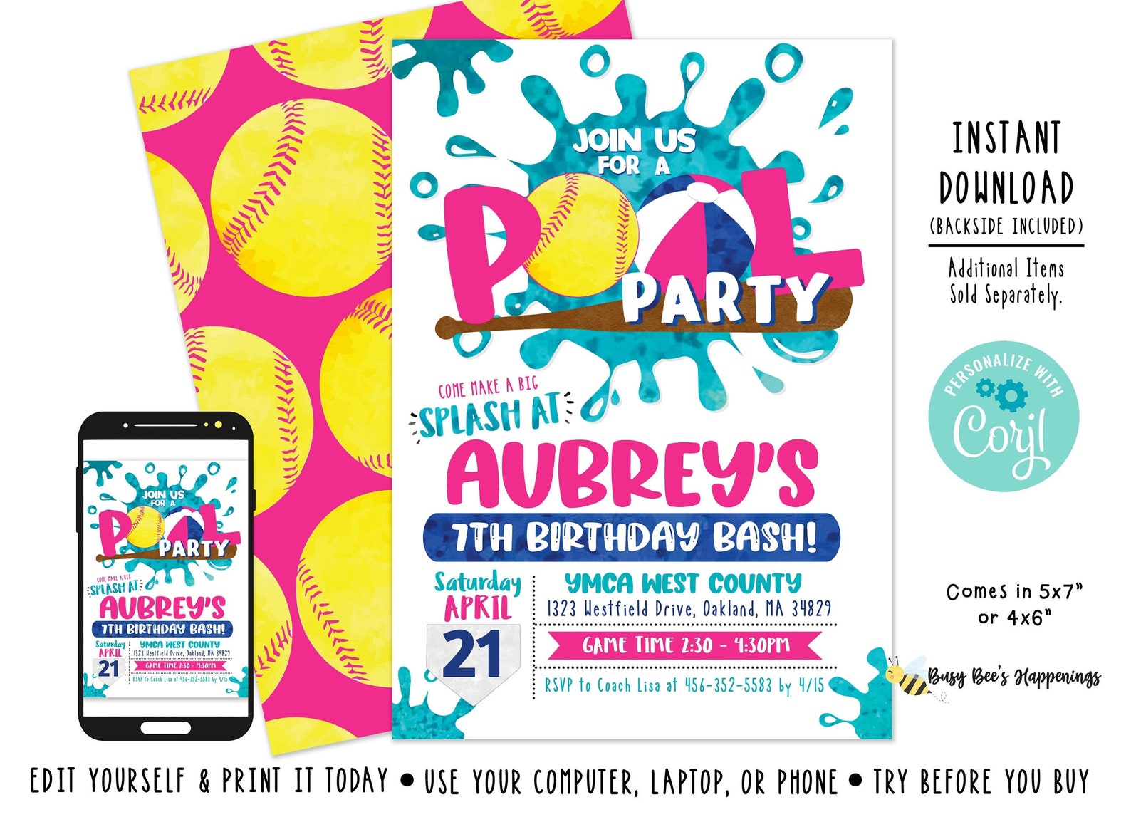 Softball Birthday Invitation Softball Invitation Softball Pool - Etsy