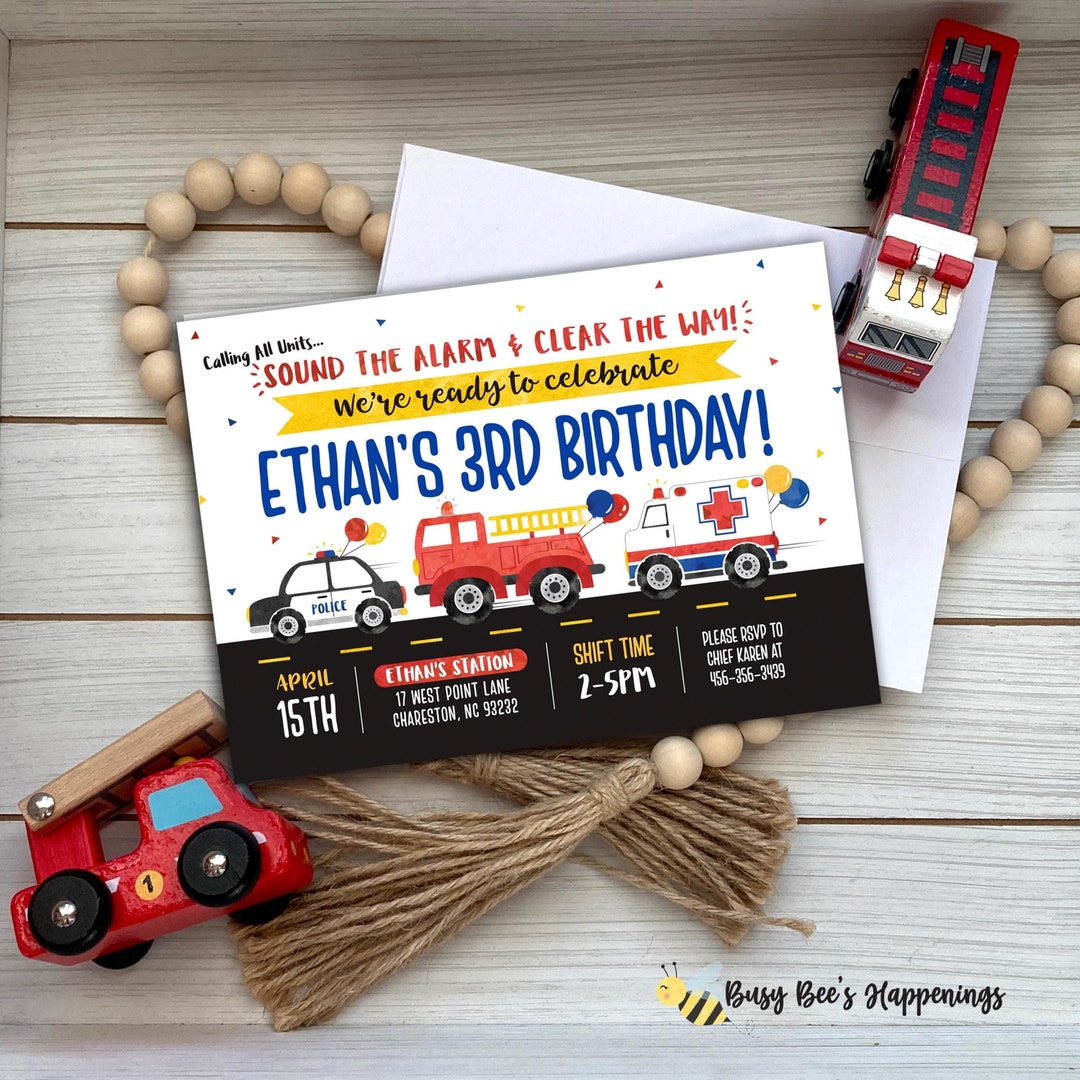 First Responders Birthday Invitation: Firefighter, Police, Ambulance ...