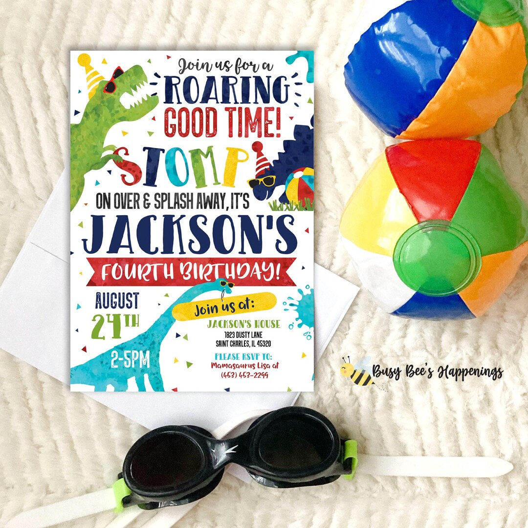 Dinosaur Water Splash Birthday Invitation, Editable T-rex Pool Birthday ...