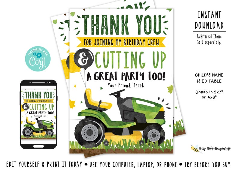 Lawnmower Birthday Thank You Tractor Thank You Note Riding Etsy