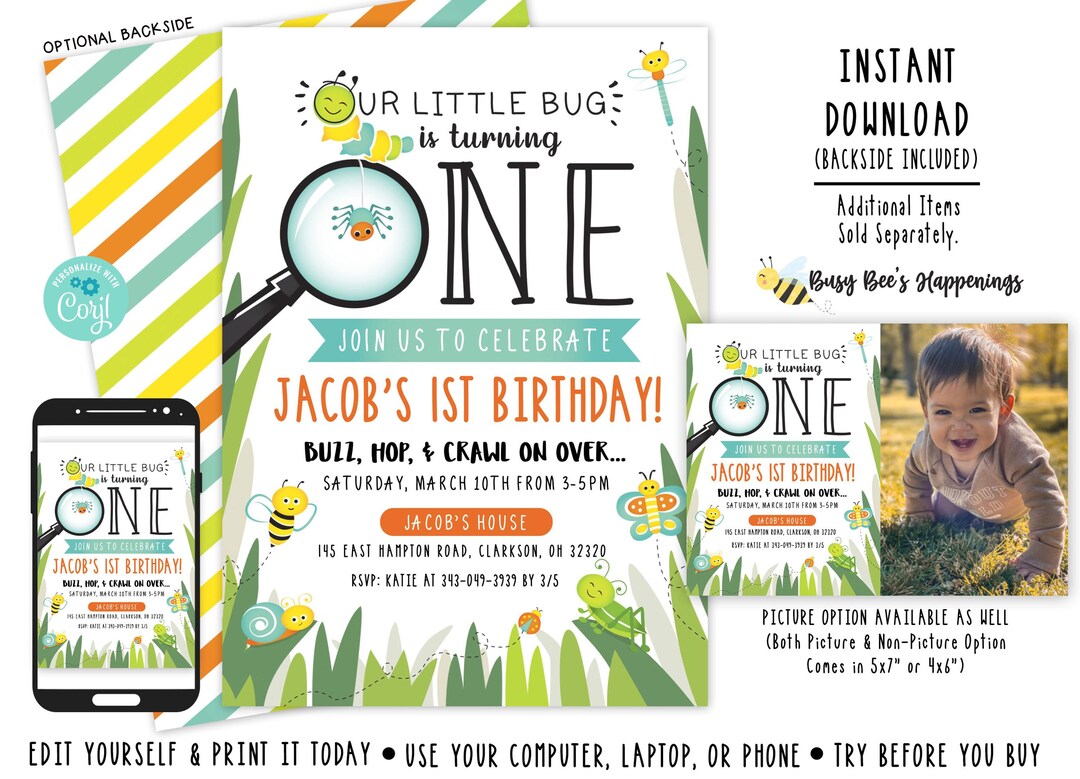 First Birthday Invitation Bug First Birthday Invite Bug Party One Cute ...