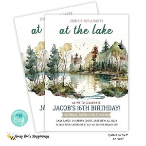 Lake Watercolor Birthday Invitation, Editable Lake Birthday Invitation ...