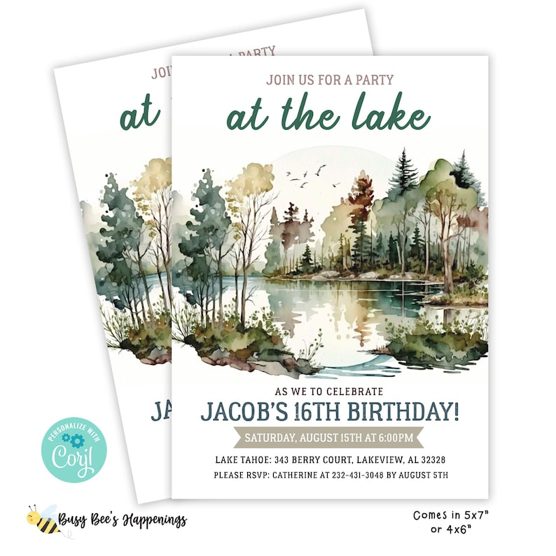 Lake Watercolor Birthday Invitation: Editable Party Invite (digital ...