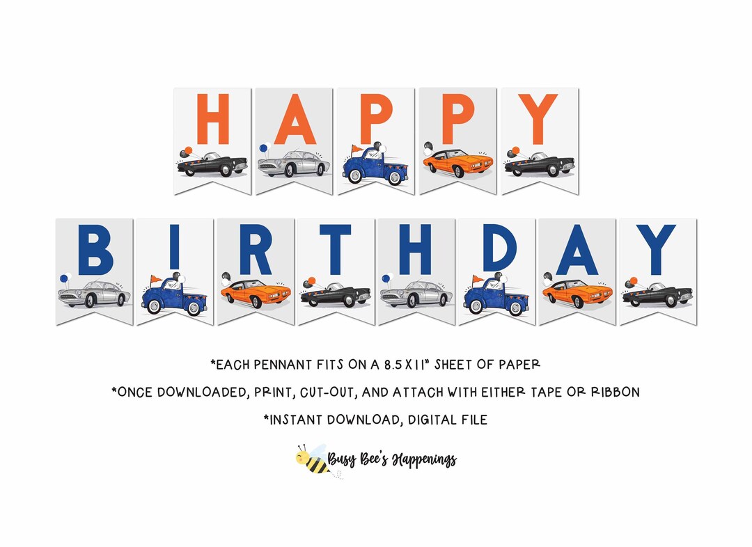 Retro Car Birthday Banner Race Car Party Banner Vintage Car Pennant ...