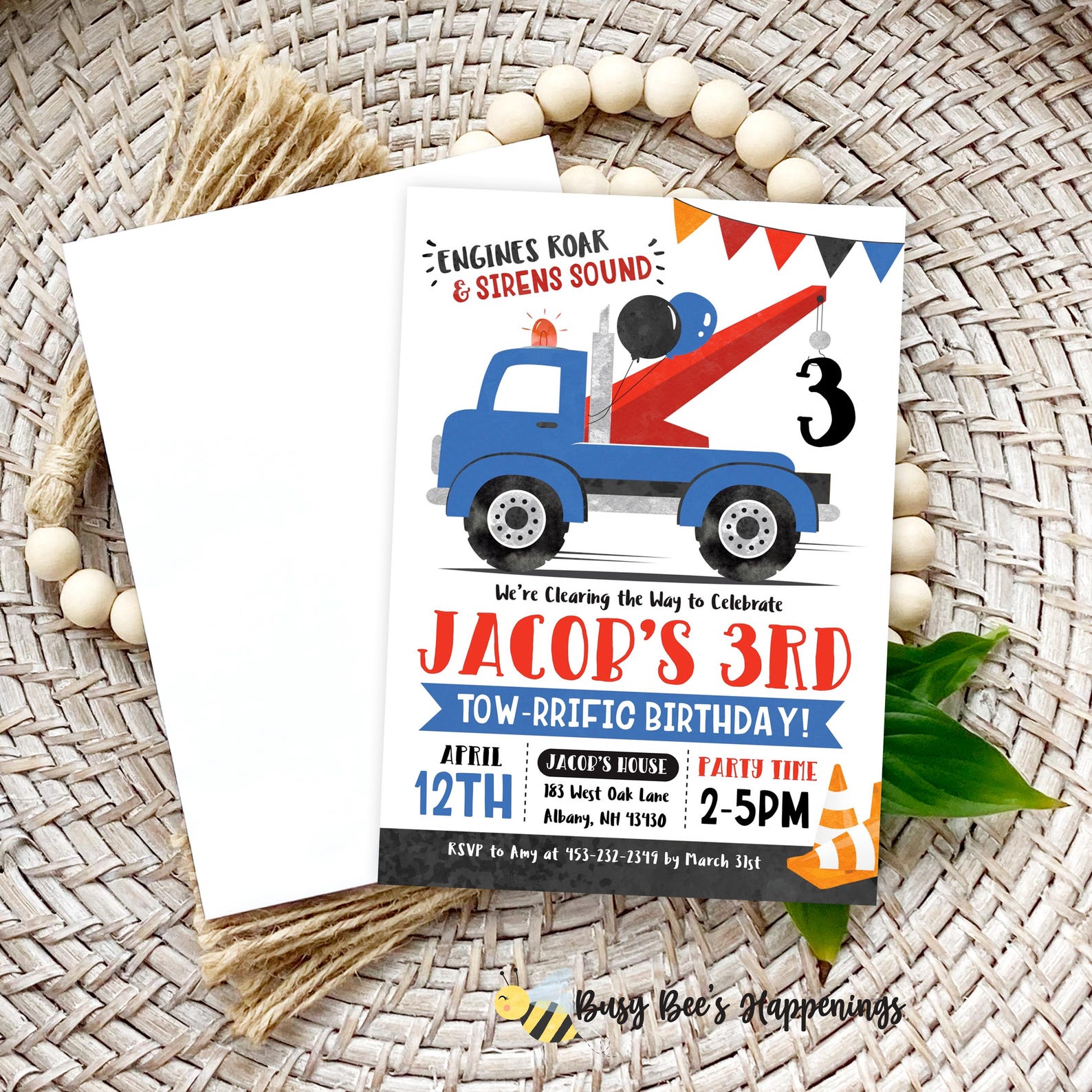 Tow Truck Birthday Invitation: Printable Boys Party (5x7 or 4x6 ...
