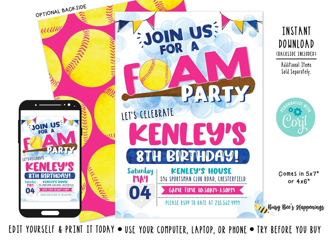Softball Birthday Invitation Foam Birthday Invite Softball Foam Party ...
