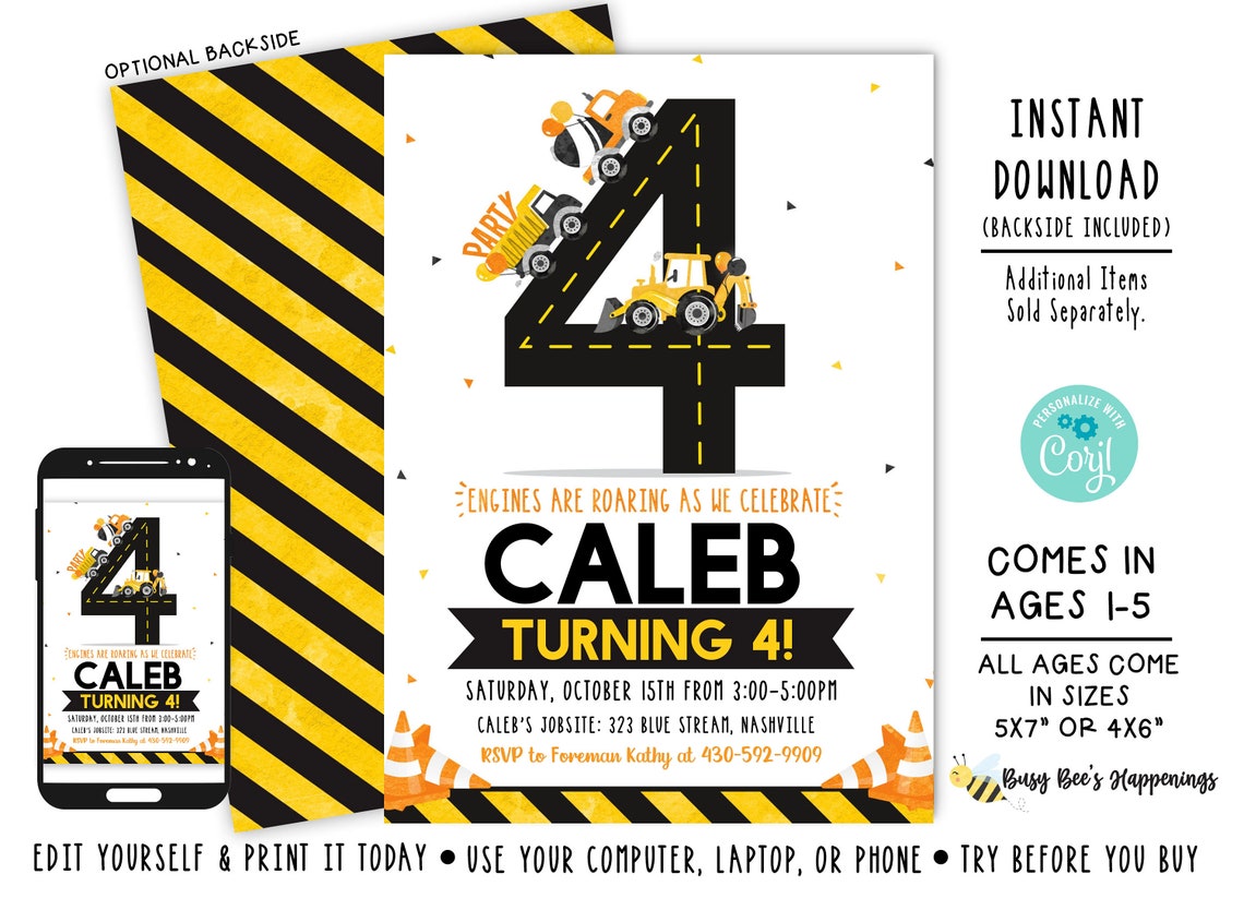 Construction Birthday Invitation Backhoe Construction Invite - Etsy