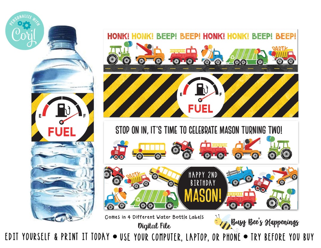 Transportation Water Bottle Labels, Editable Transportation Birthday ...