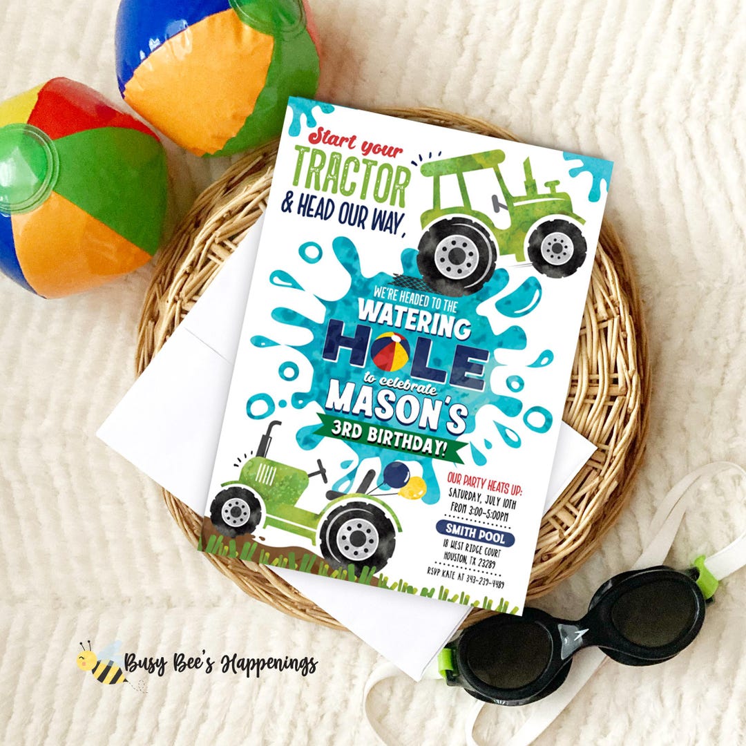 Tractor Pool Birthday Invitation, Pool Tractor Birthday Invite, Summer ...