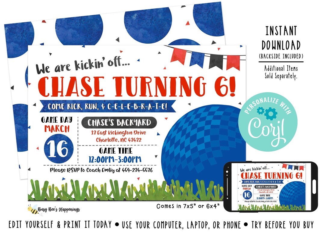 Editable Blue Kickball Birthday Invitation, Blue Dodge Ball Birthday ...
