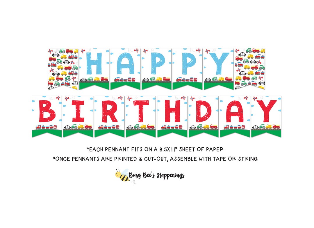 Transportation Happy Birthday Pennant Banner: Cars, Trucks (digital ...