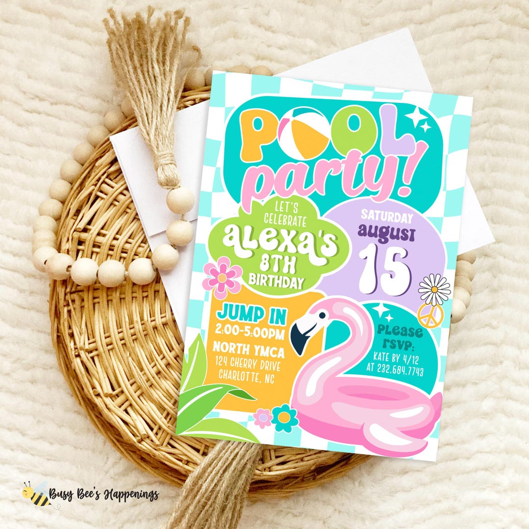 Editable Checkered Pool Party Birthday Invite, Groovy Retro Birthday ...