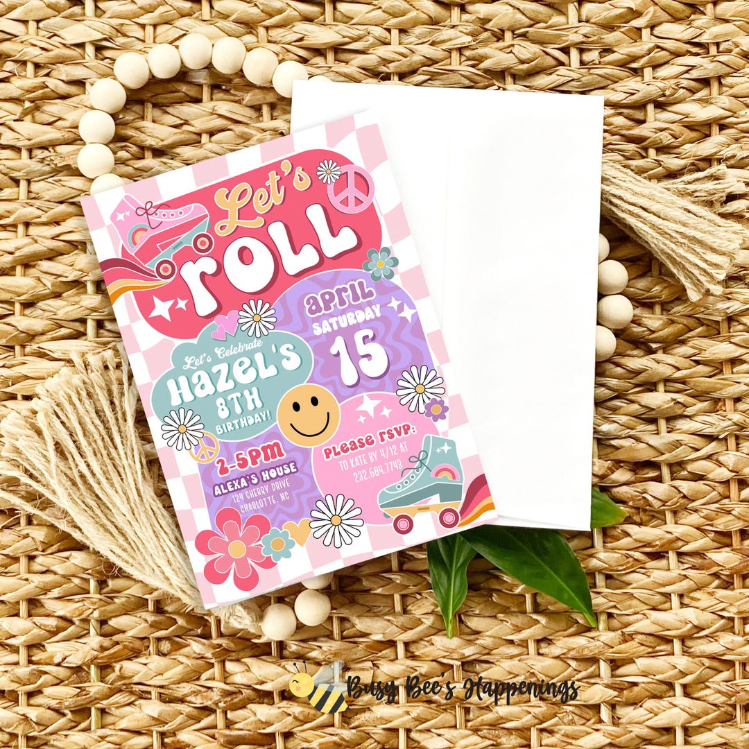 Editable Groovy Roller Skate Birthday Invitation, Let's Roll Roller ...