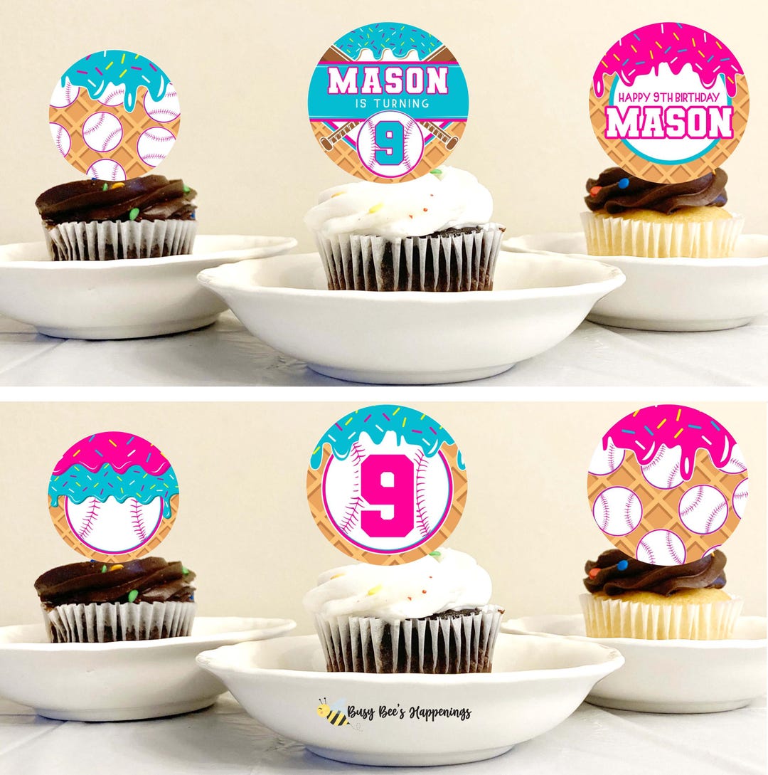 Editable Drip Birthday Party Cupcake Toppers, Digital Baseball Birthday ...