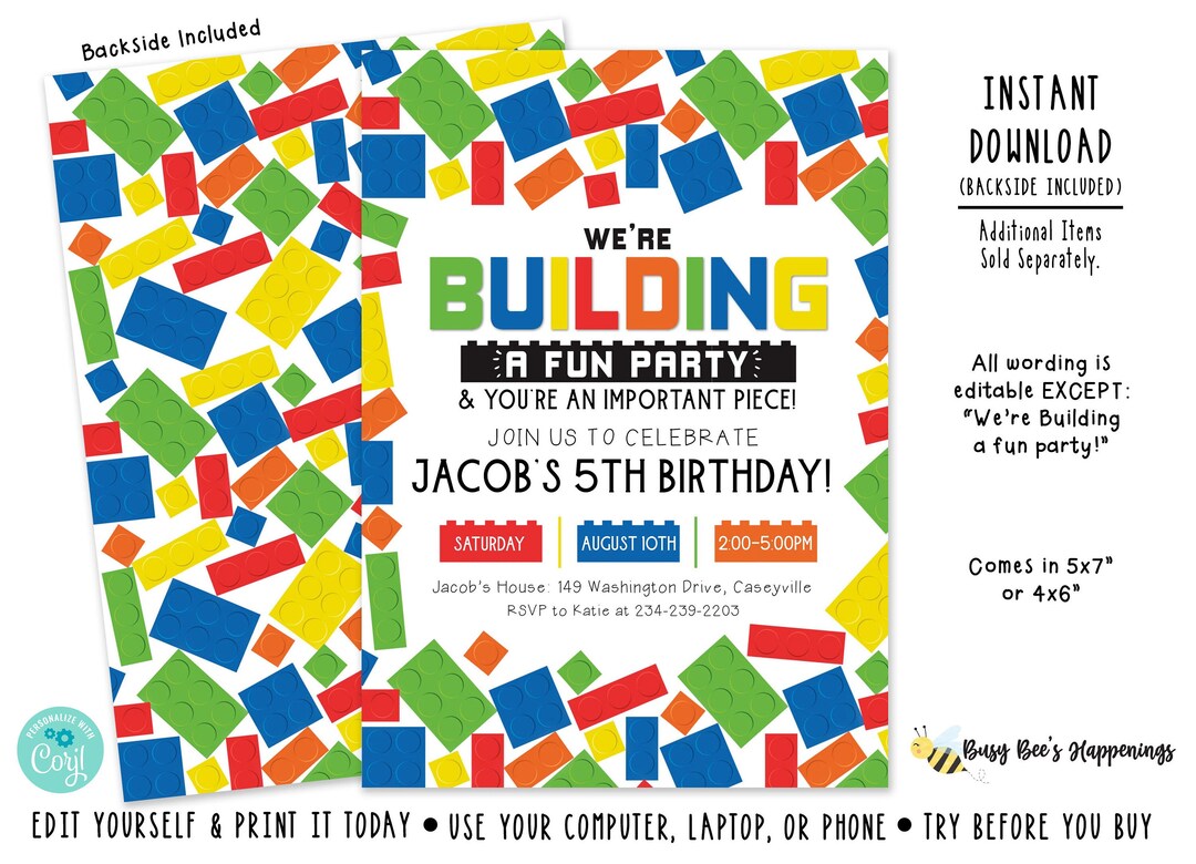 Building Blocks Birthday Invitation Block Invite Block Birthday Party ...