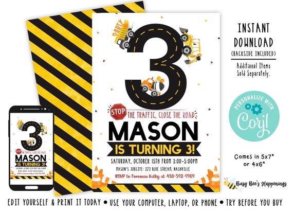 Construction Birthday Invitation Backhoe Third Birthday | Etsy